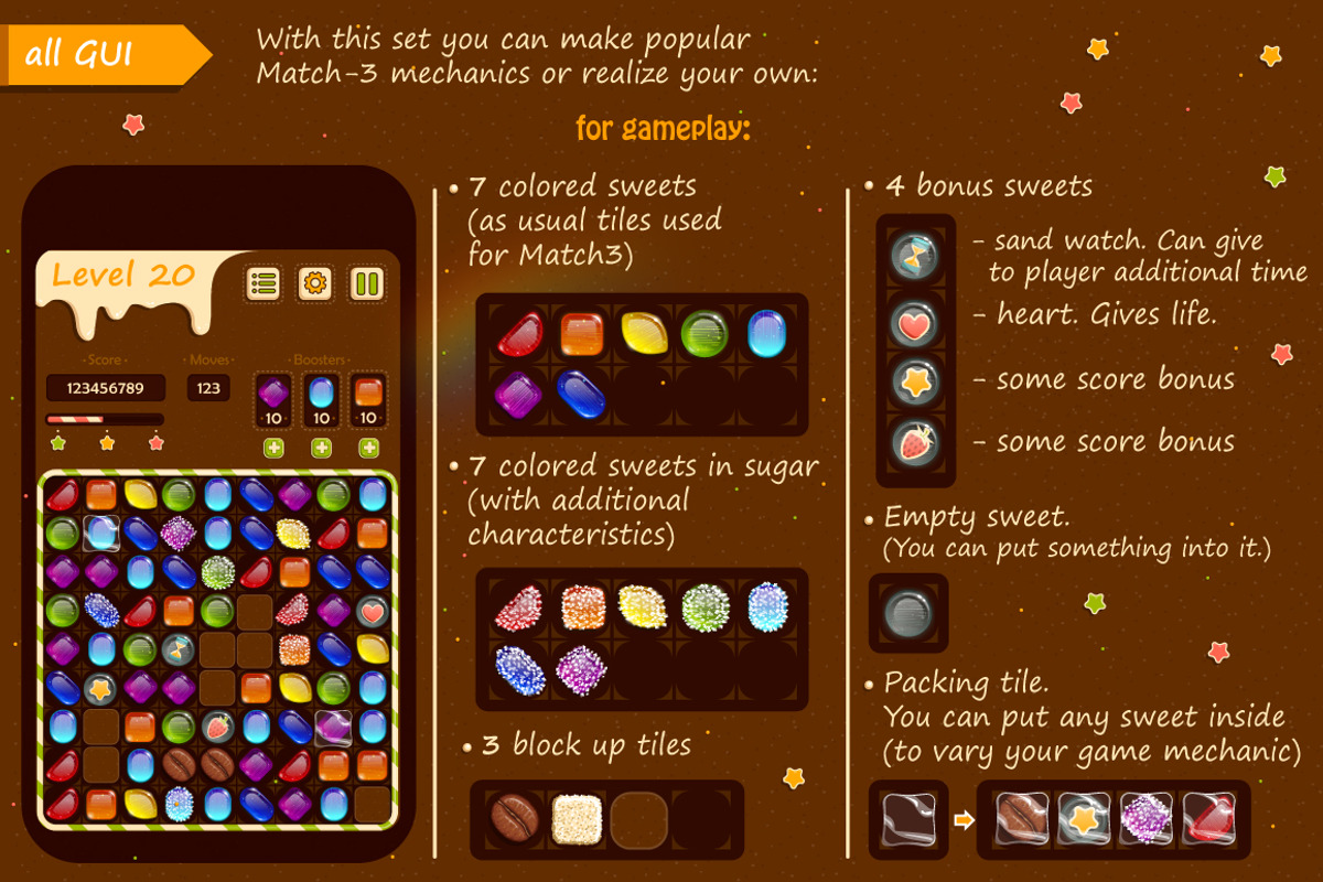 Graphic Assets for Match 3 Game, an Illustration by Chuchilko shop