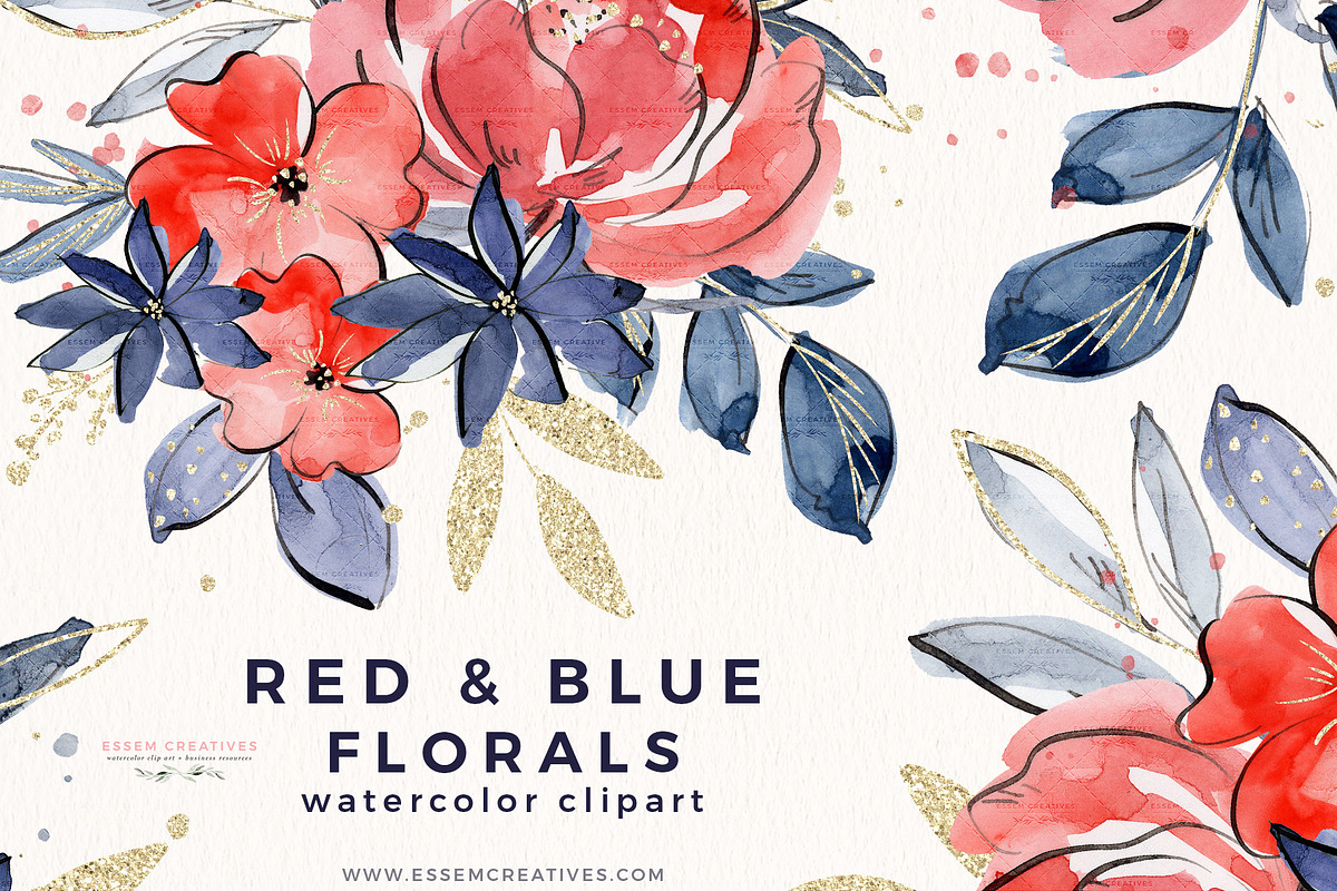 Red Blue Watercolor Floral Clipart, an Illustration by Essem Creatives