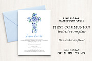 Blue Floral Cross Invitation, an Invitation Template by La Bella Rue