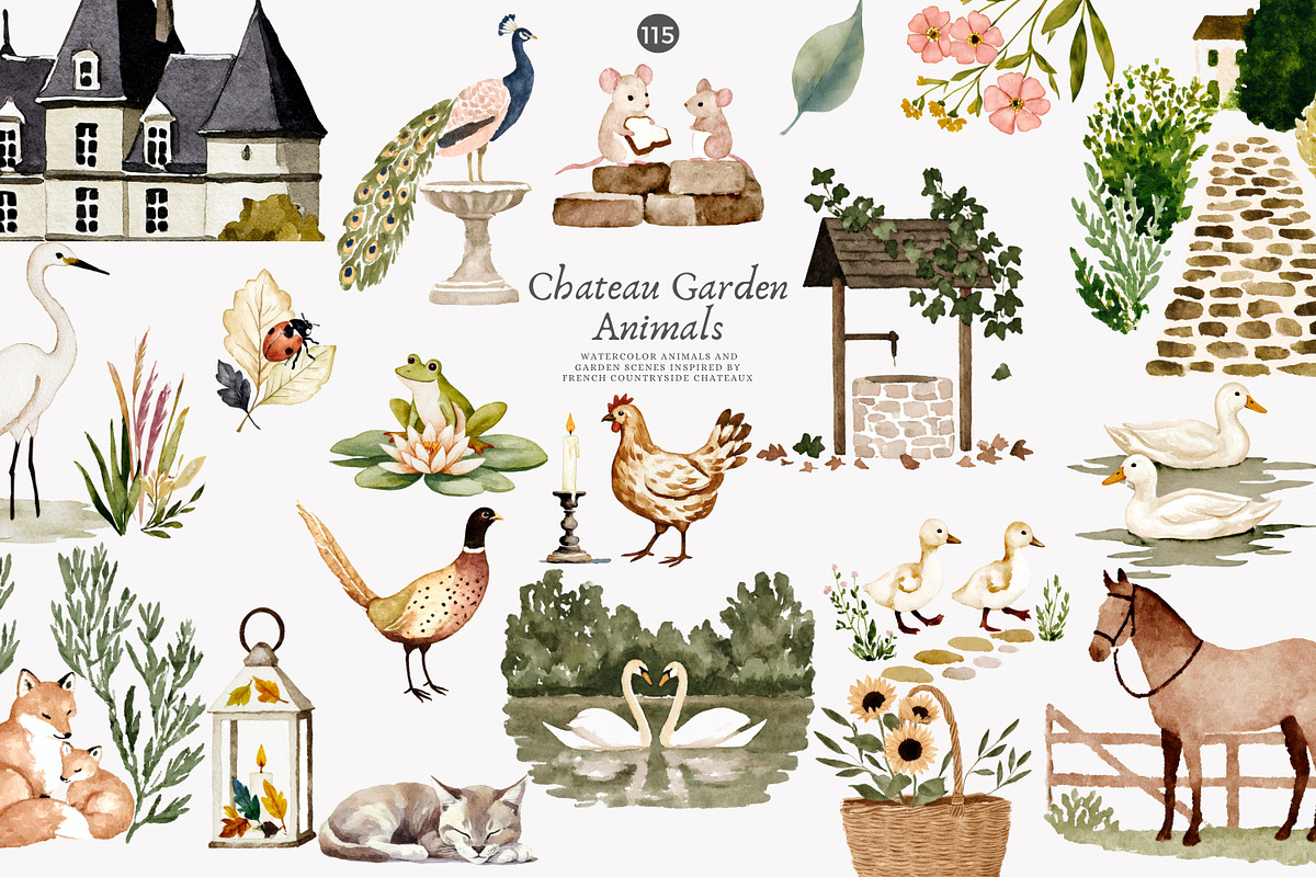 watercolor animals Chateau Set, a Decorative Illustration by Patishop Art