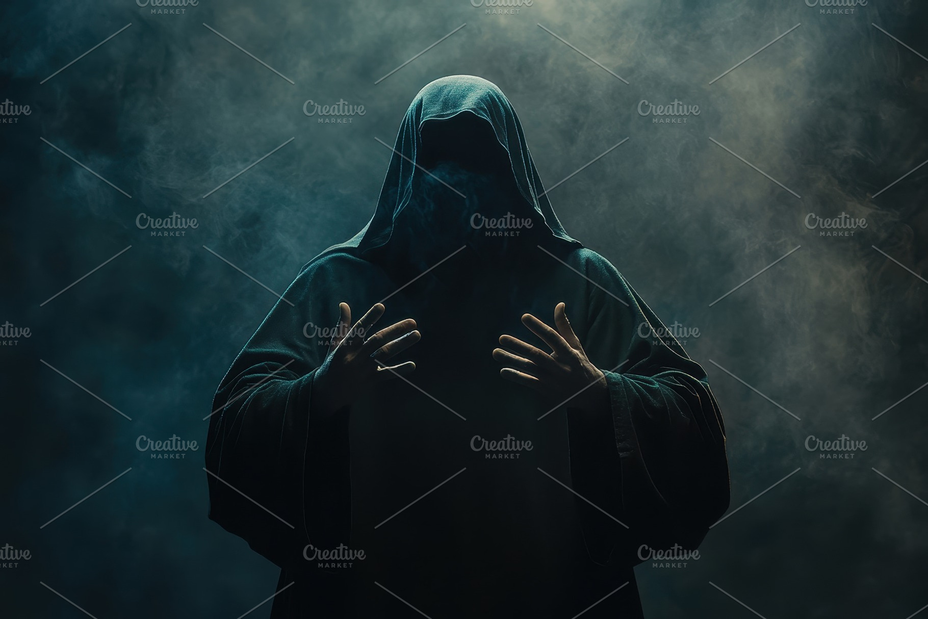 Dramatic Catholic priest in dark, a Photo by Pavel_design