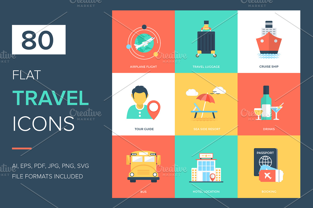 80 Flat Travel Icons, an Icon by Vectors Market