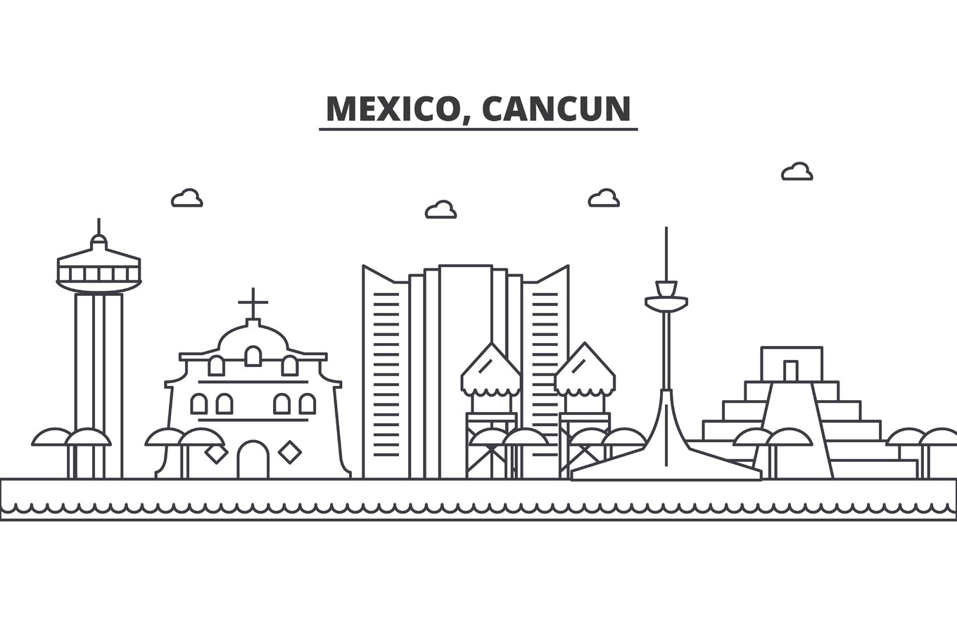 Mexico, Cancun architecture line skyline illustration. Linear vector ...