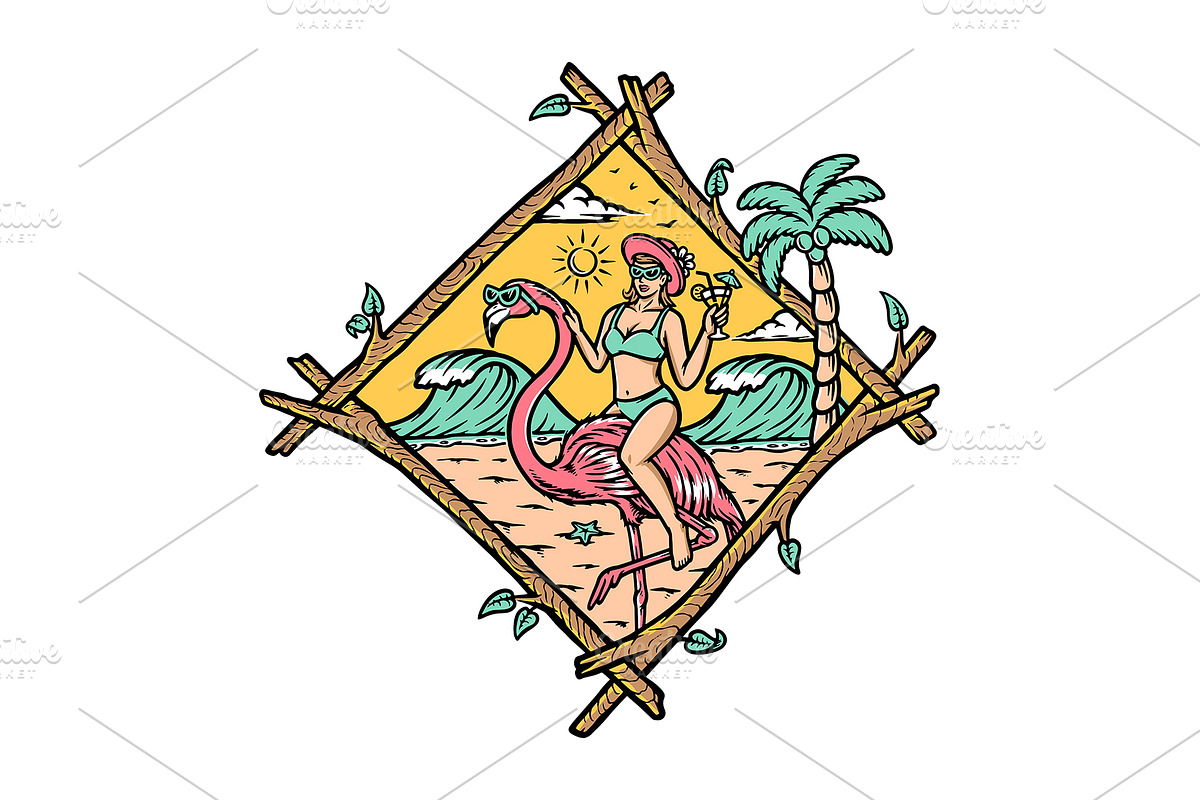 woman riding a flamingo on the beach, an Animal Illustration by ...