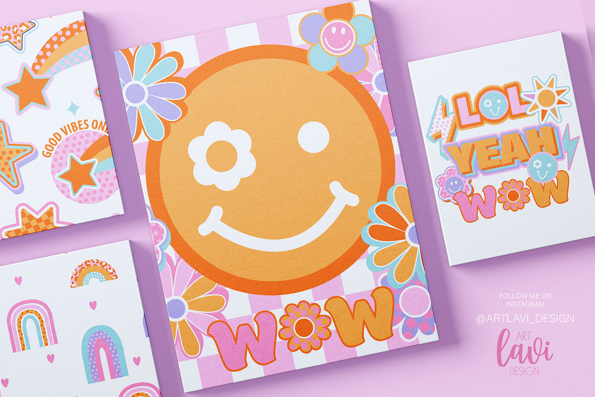 Groovy retro collection of stickers, an Object Illustration by Artlavi ...