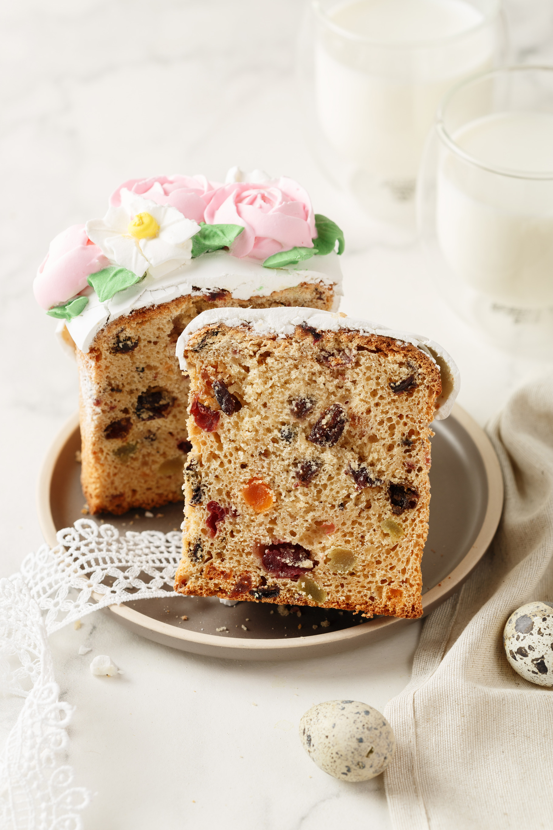 Slices of easter cake with milk containing slice, homemade, and food, a ...
