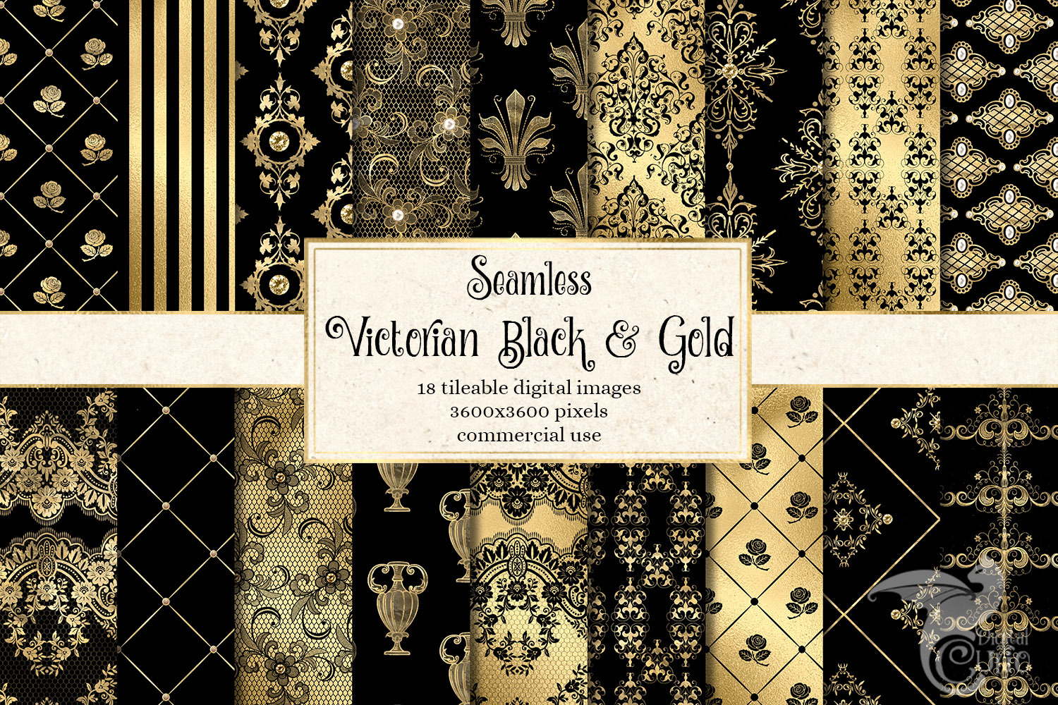 Victorian Black & Gold Digital Paper, a Pattern Graphic by Digital Curio