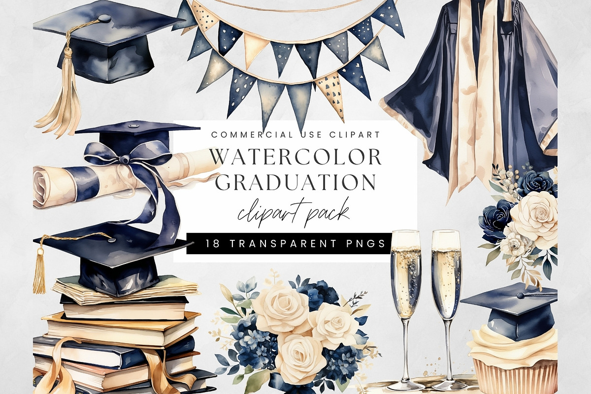 Watercolor Graduation Clipart PNG, a Decorative Illustration by illuztrate