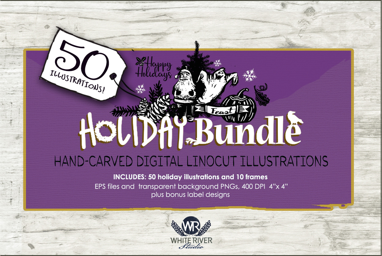 Holiday Bundle Linocuts, an Illustration by WhiteRiverStudio