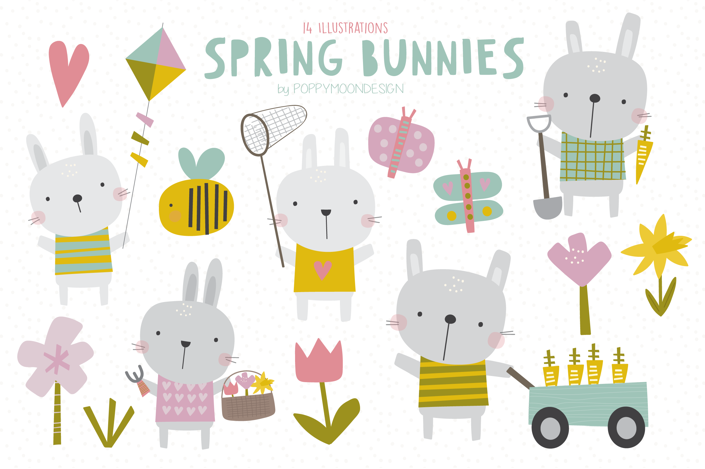 Spring Bunnies clipart set, an Illustration by Poppymoondesign