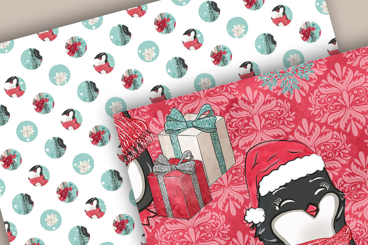Penguin Winter digital paper pack, a Pattern Graphic by designloverstudio