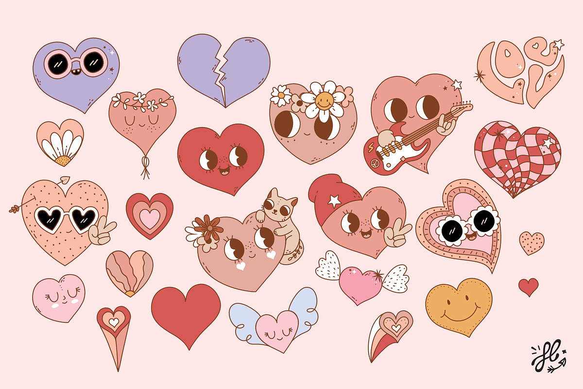 Groovy retro Valentine - clipart set, a Food Illustration by Huxmay
