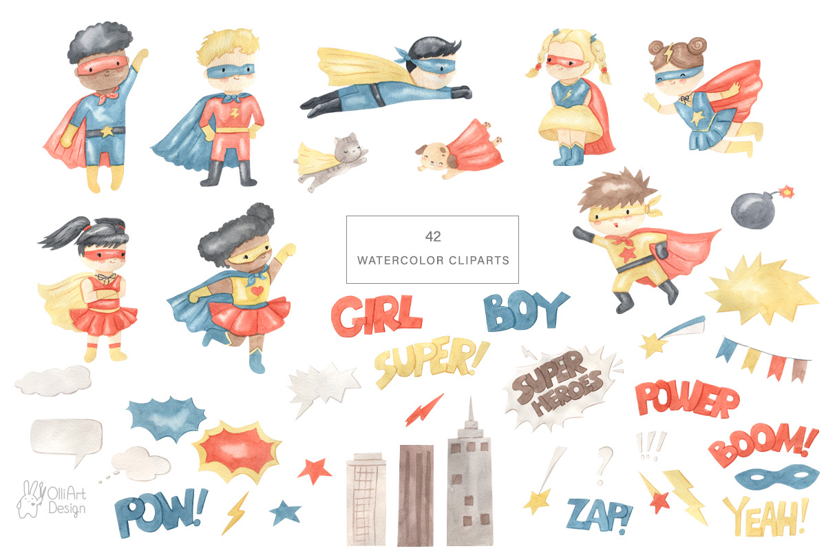 Superheroes clipart. Watercolor