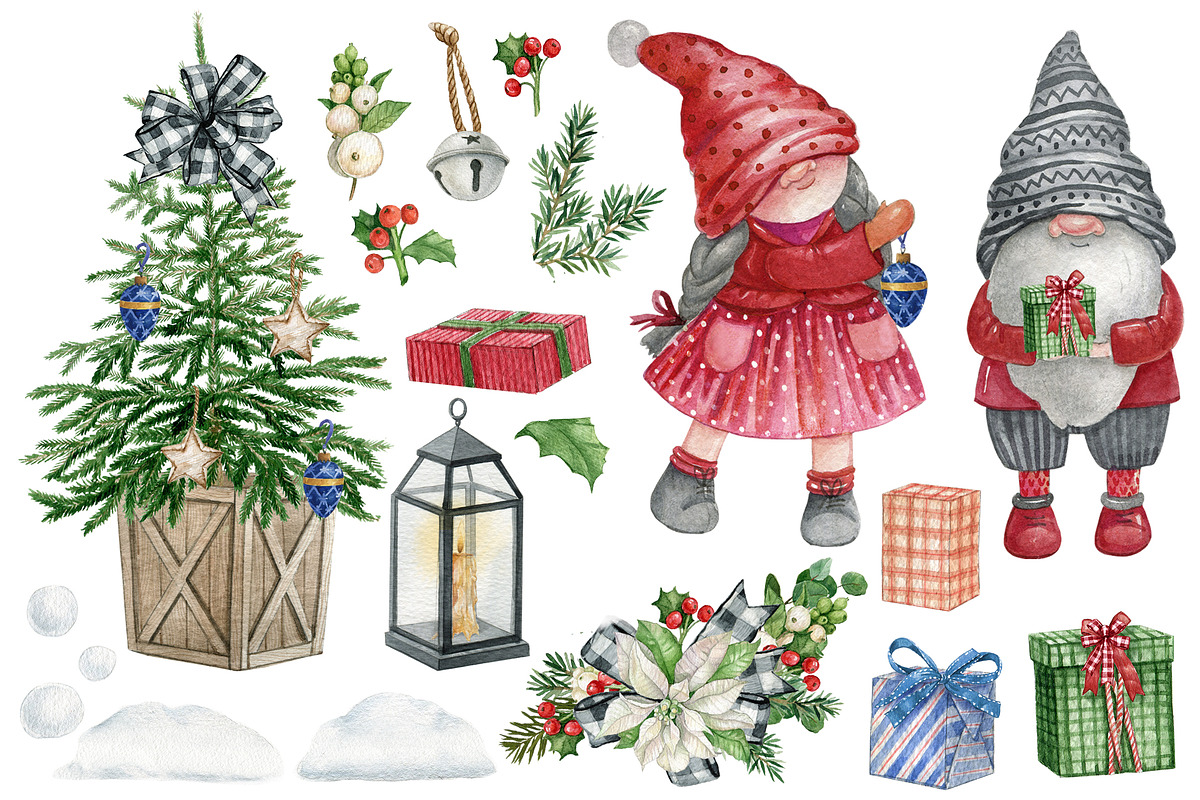 Watercolor Christmas gnome clipart
