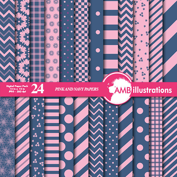 Navy and Pink Digital Papers AMB-543, a Pattern Graphic by AMBillustrations