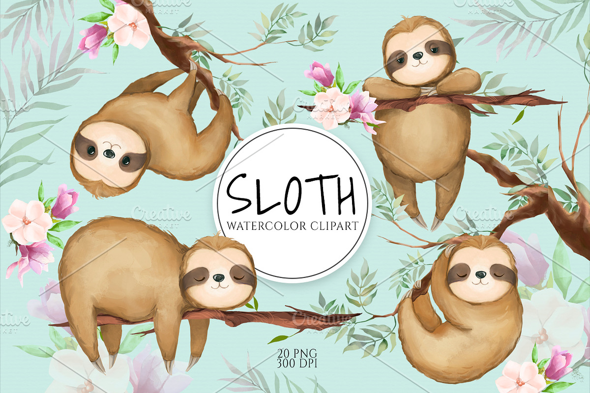 Cute Sloth Watercolor Clipart, an Animal Illustration by StudioBeeArt