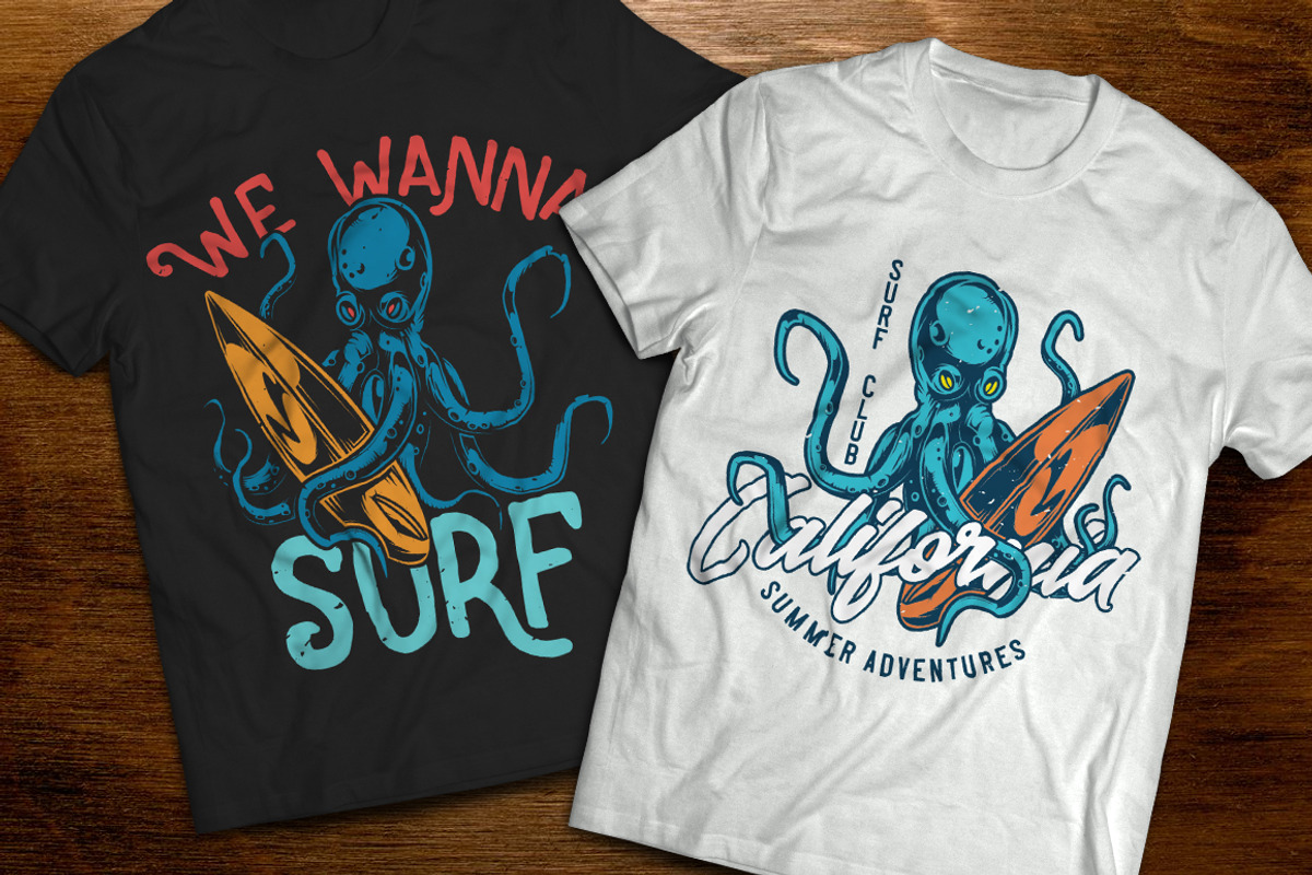 Surfing Octopus t-shirts and posters, an Animal Illustration by VozzyStock