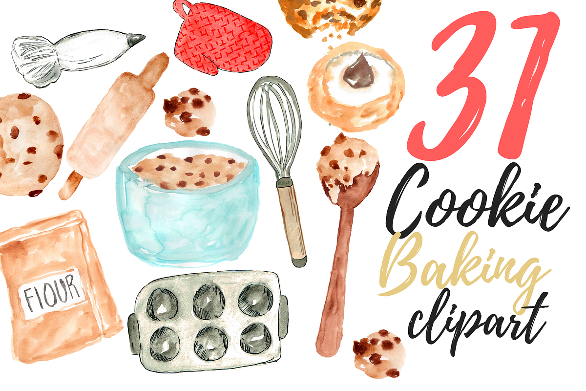 31 Watercolor Cookie Baking Clipart, a Food Illustration by Writelovely