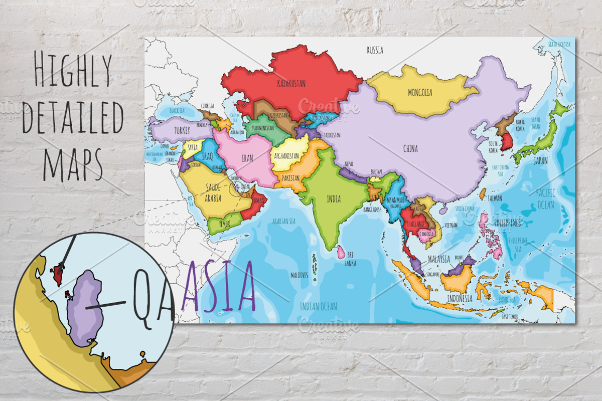 3x Asia Illustrated Vector Maps
