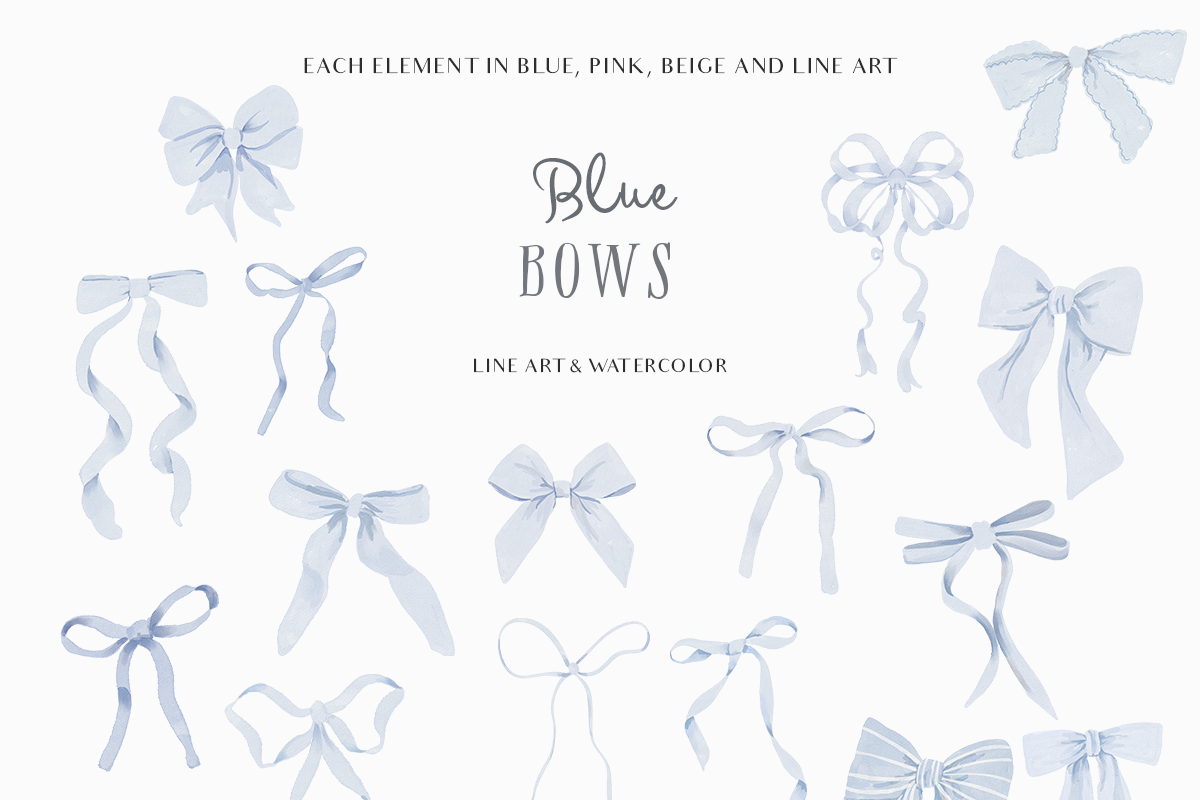 Watercolor Line art Bows Ribbons Set, a Decorative Illustration by ...