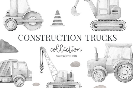 Watercolor Construction Trucks, a Decorative Illustration by Alesya ...