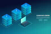 Data center isometric banner with laptop and servers, a Technology ...