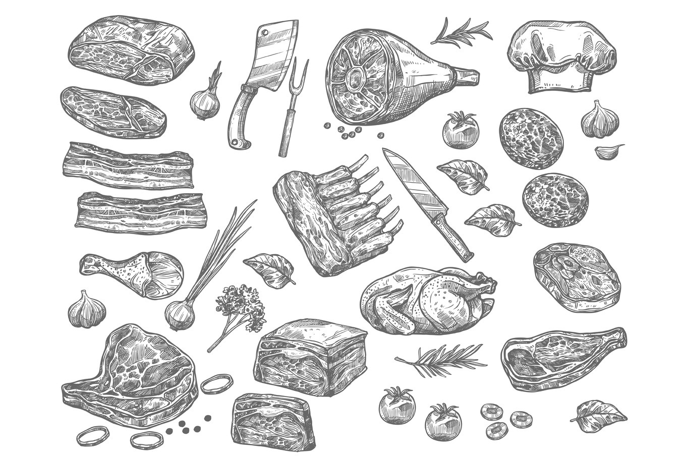 Vector sketch icons of meat for butchery shop, a Food Illustration by ...