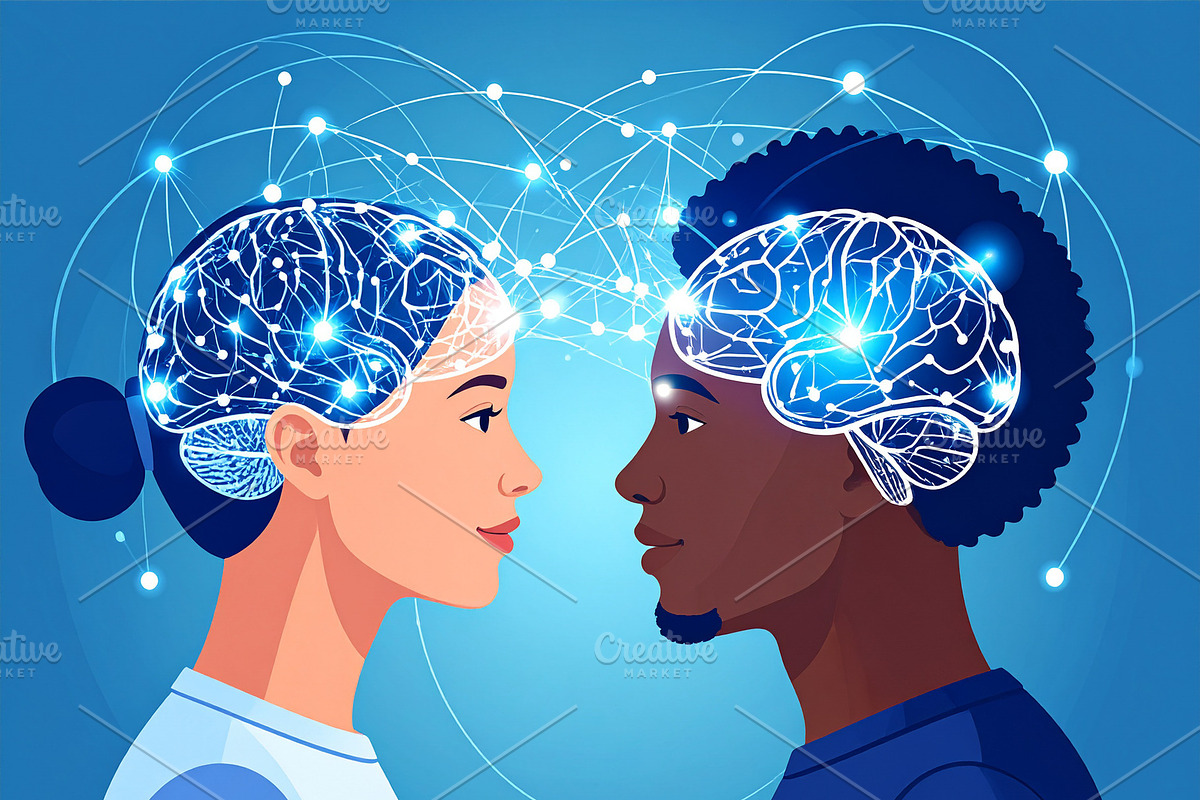 Two people facing each other with glowing brain icons connected, an ...