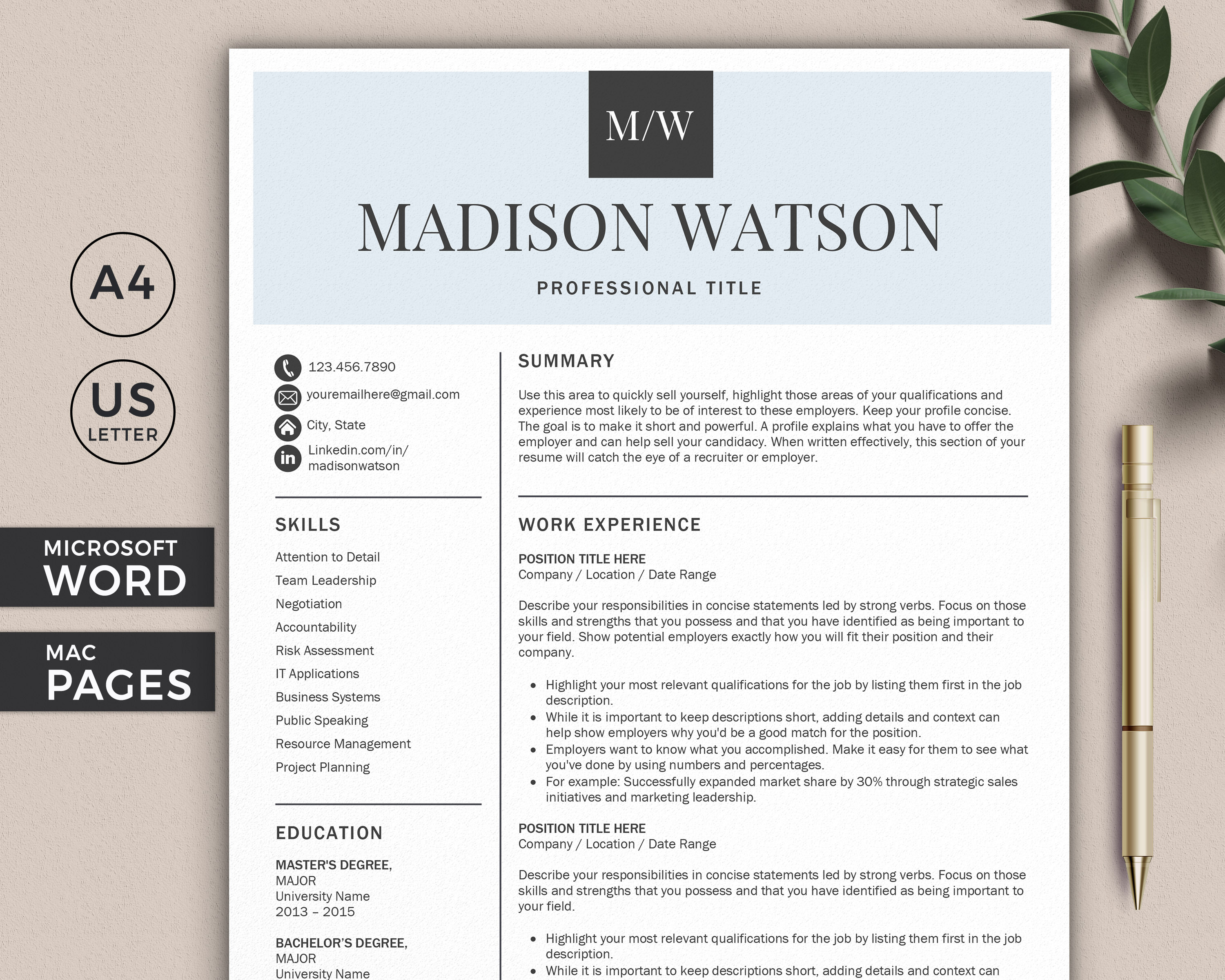 Resume Template for Word and Mac Pages