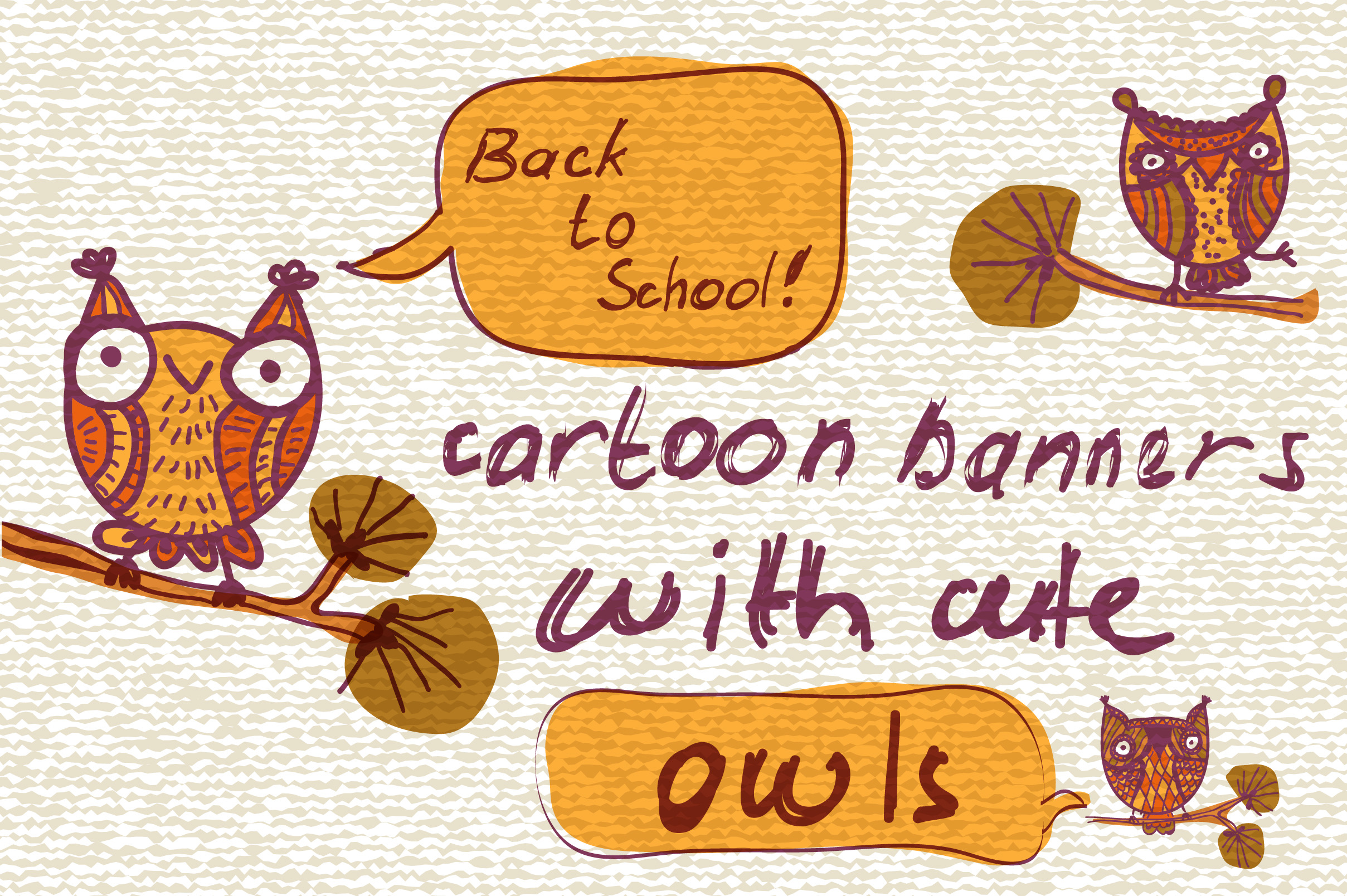 cartoon banners with doodle owls, an Animal Illustration by AV Design