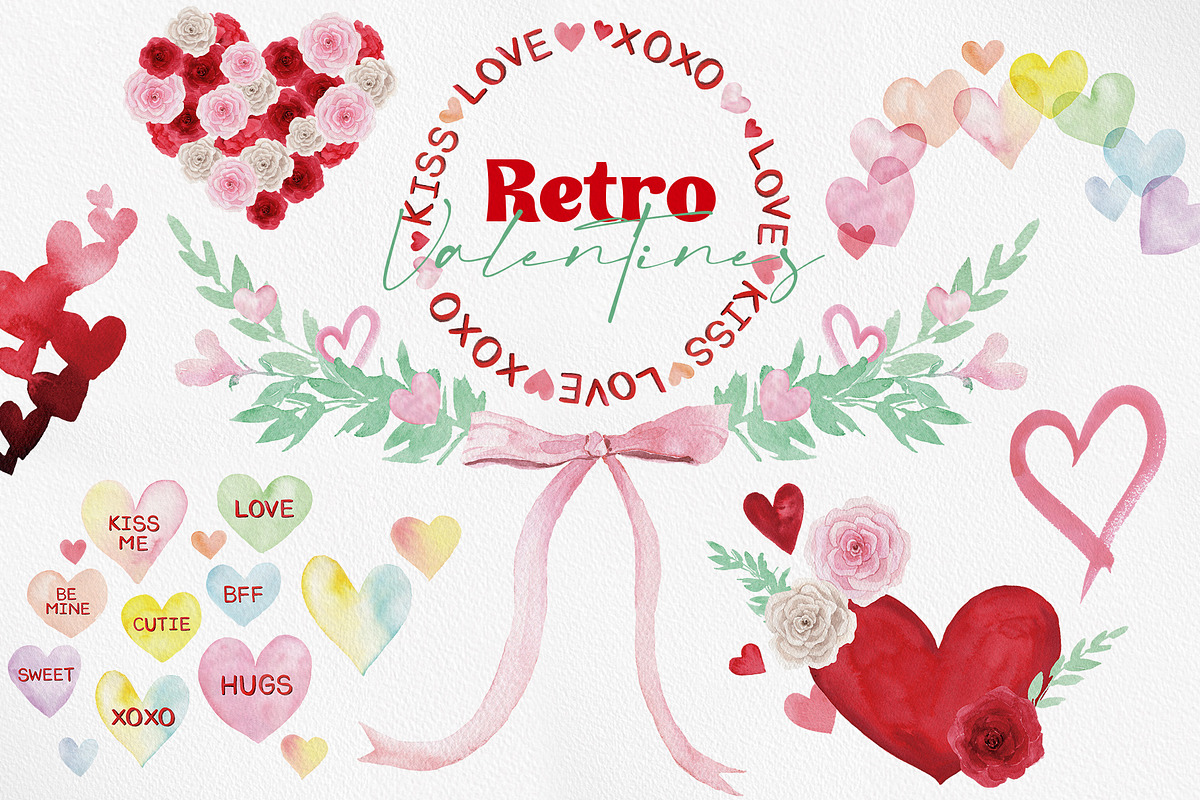 Watercolor Clipart-RETRO VALENTINES, a Decorative Illustration by Beigetime