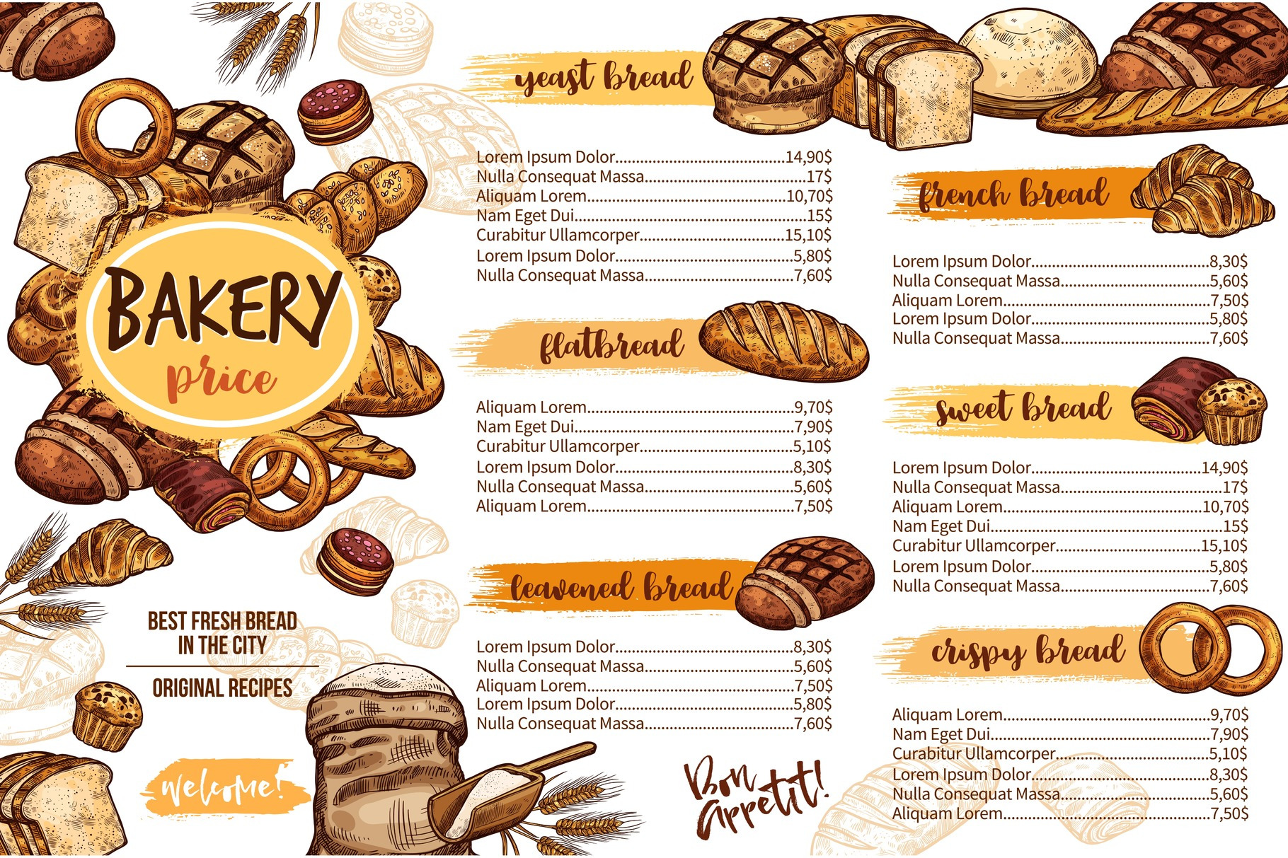 Bakery menu template of bread for cafe and pastry | Food Illustrations ...