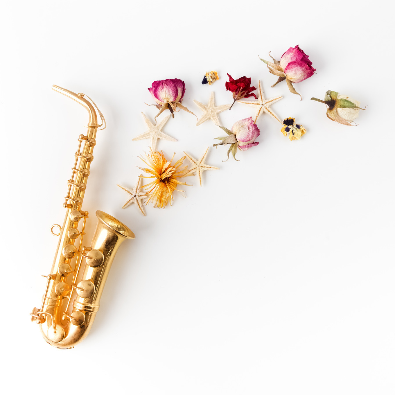 Jazz day saxophone with flowers flat lay top view containing jazz ...