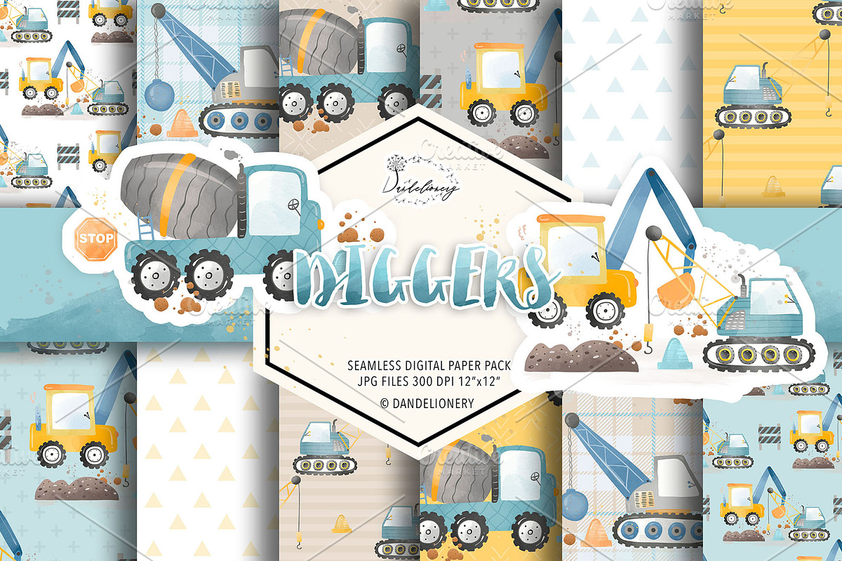 Diggers digital paper pack, a Pattern Graphic by designloverstudio
