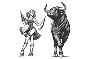 Lady with Bull in Traditional Dress, a Person Illustration by AlexArt