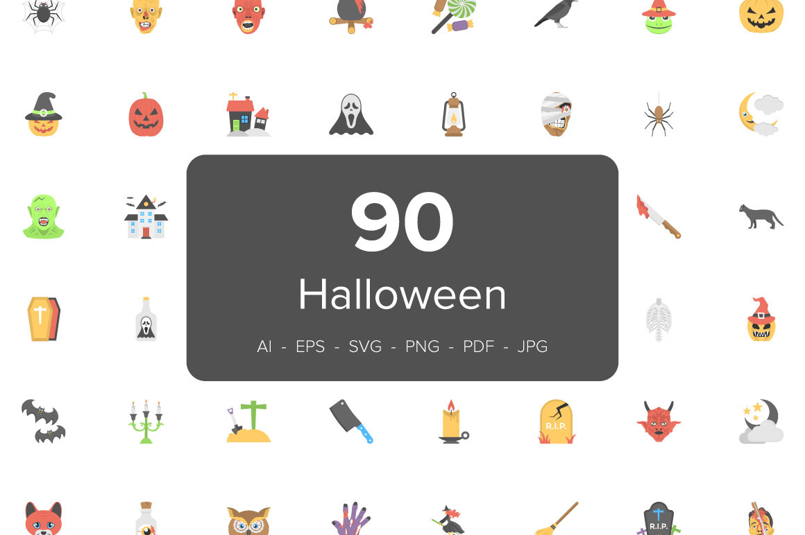 90 Halloween Flat Icons Set, an Icon by Creative Stall