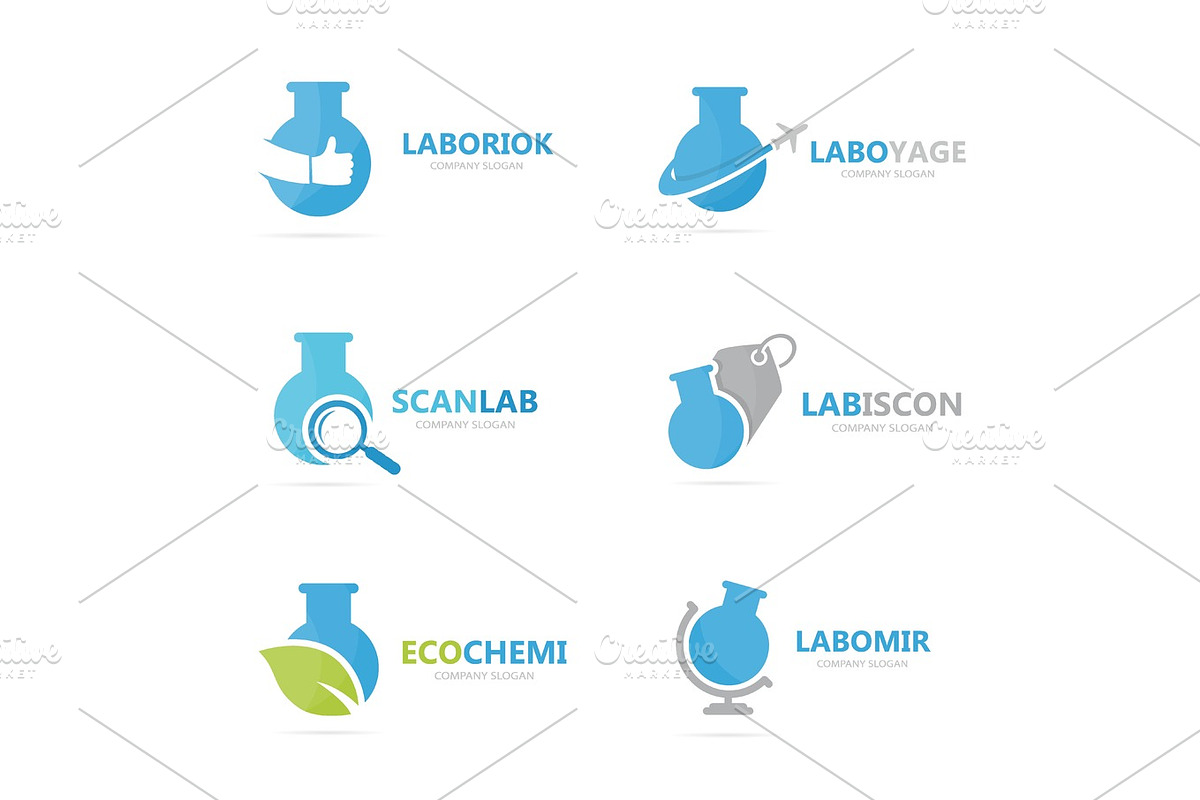 Set of lab bottle logo combination. Bulb and flask symbol or icon ...
