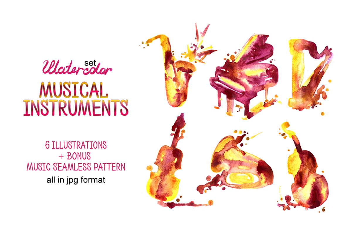 Watercolor musical instruments, an Illustration by NataliMiasStore ...
