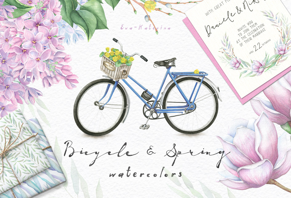 Spring and Bicycle Watercolors, a Texture Illustration by Eva Katerina