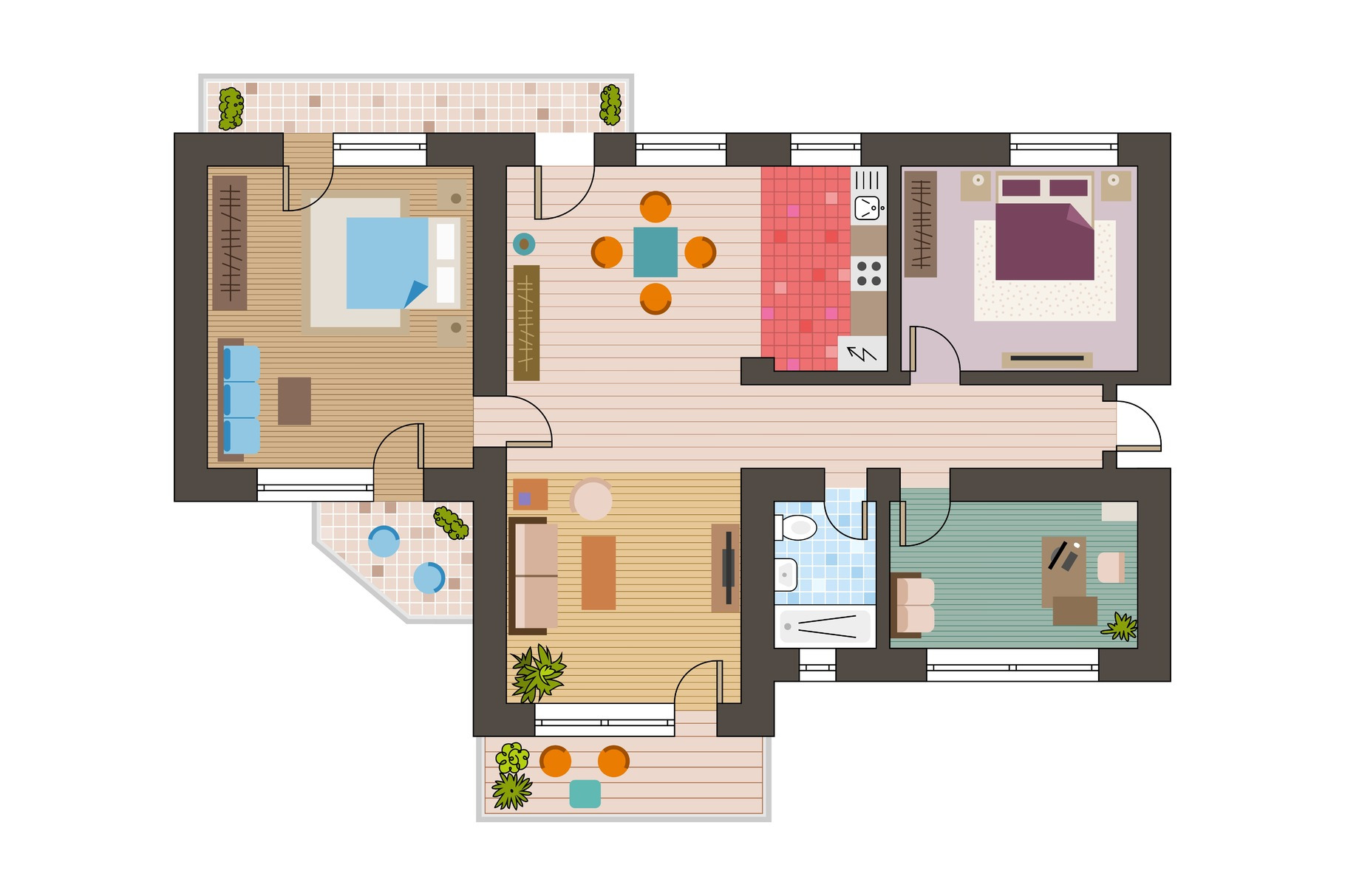 Architectural flat plan top view with living rooms bathroom kitchen and ...
