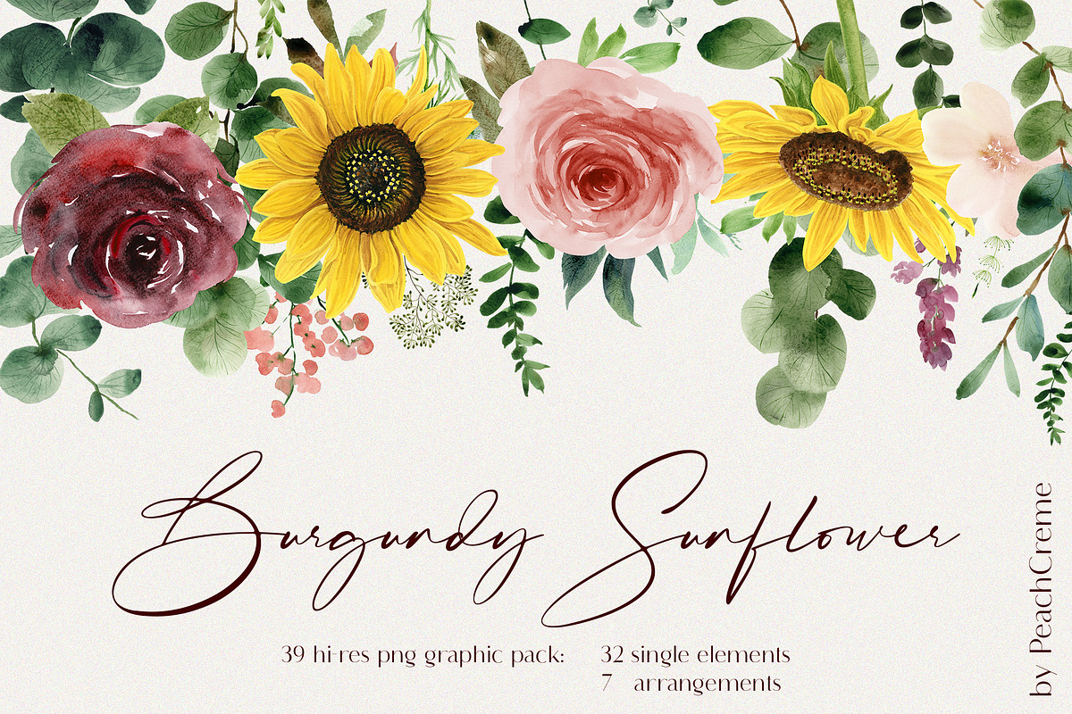Sunflower Bundle // Watercolor Set, an Illustration by PeachCremeArt