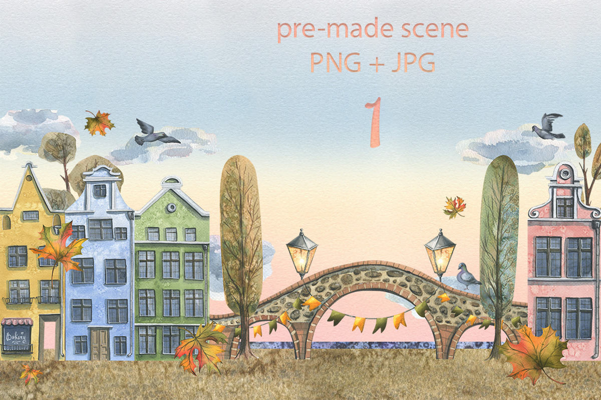 Houses in autumn watercolor clip art, an Object Illustration by NATASHA CHU