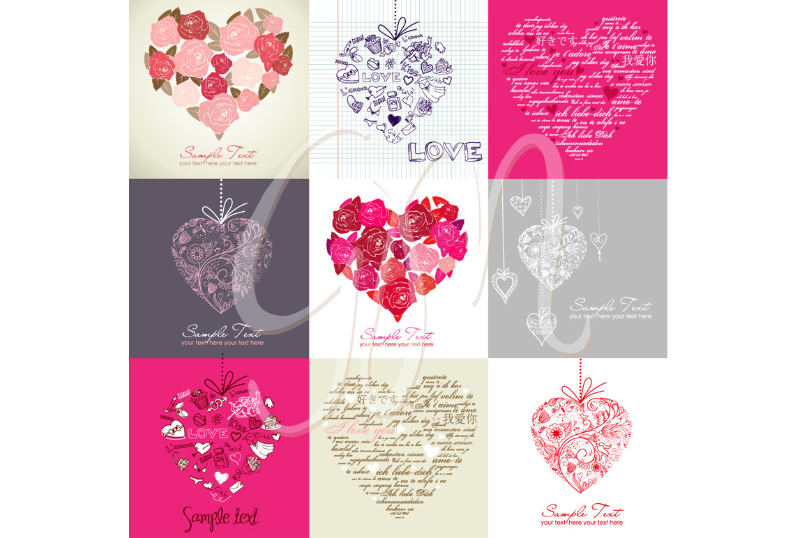 Card Set of 9 Heart Designs,clip art, an Illustration by GraphicMarket