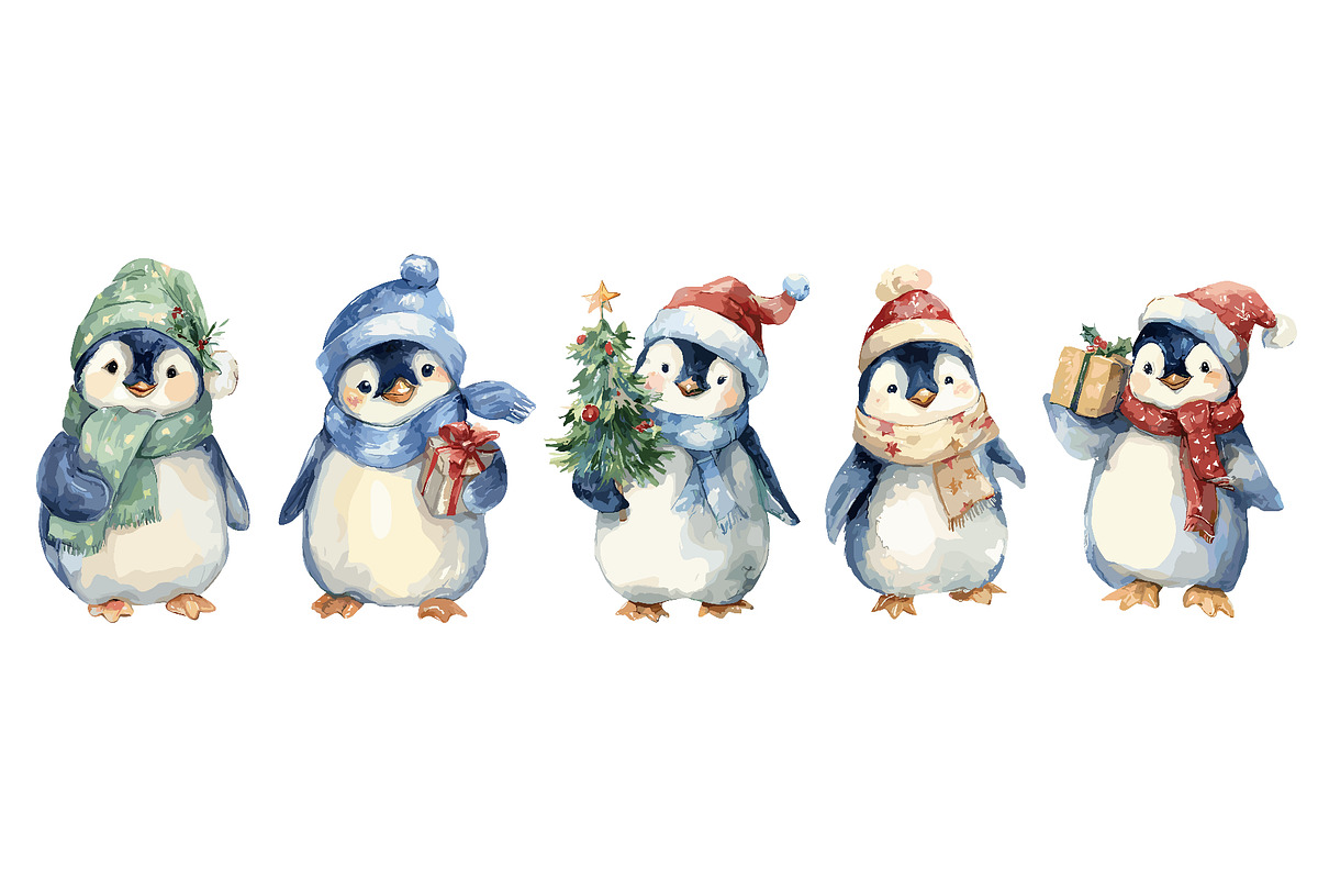 Watercolor cute christmas penguins, an Animal Illustration by Ksania