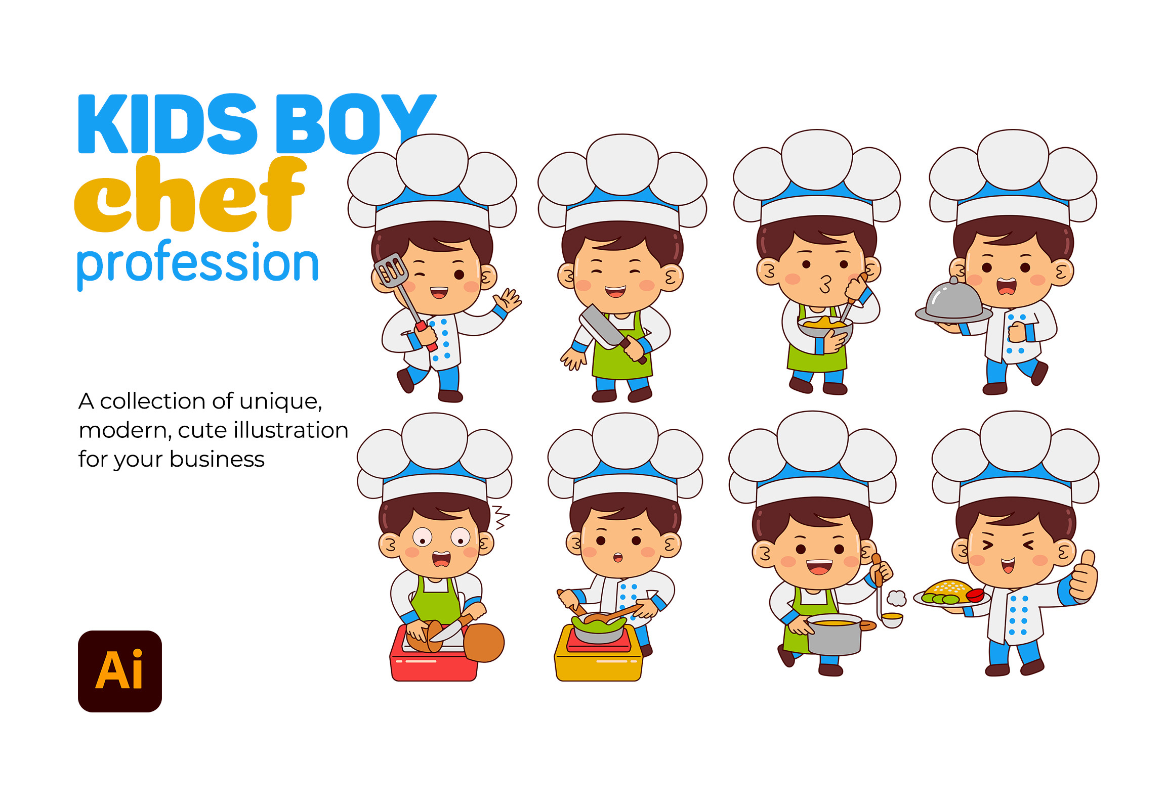 Kids Boy Chef Profession Vector Pack, a Person Illustration by MEDZ