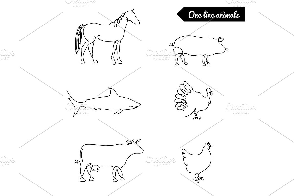 One line animals set, logos vector stock illustration with horse, pig ...