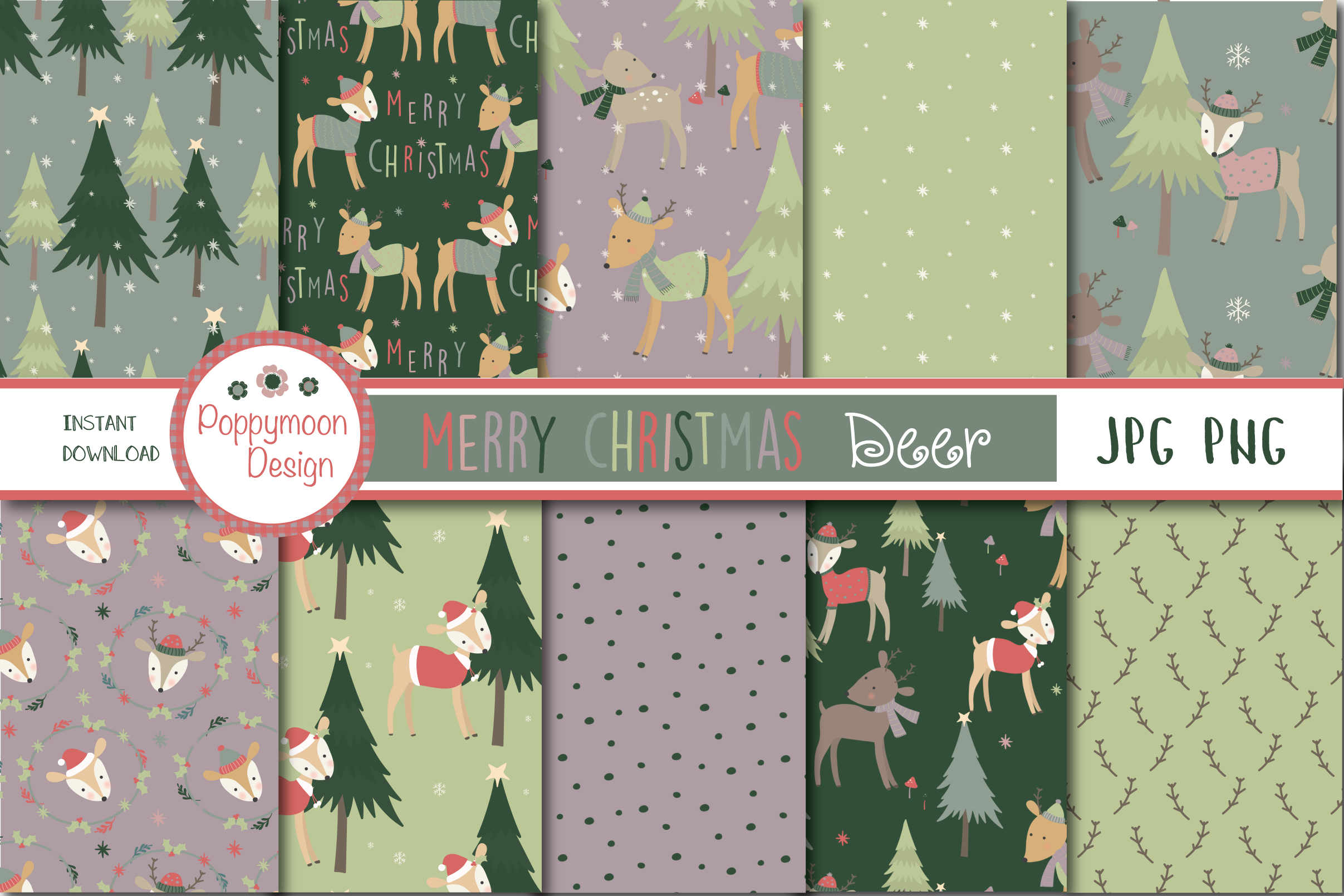 Merry Christmas Deer paper, a Pattern Graphic by Poppymoondesign