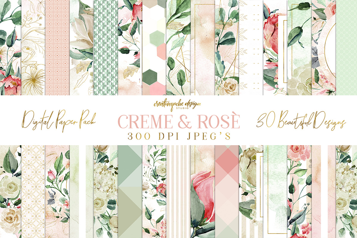 Creme and Rose Digital Papers, a Pattern Graphic by Creativeqube Design