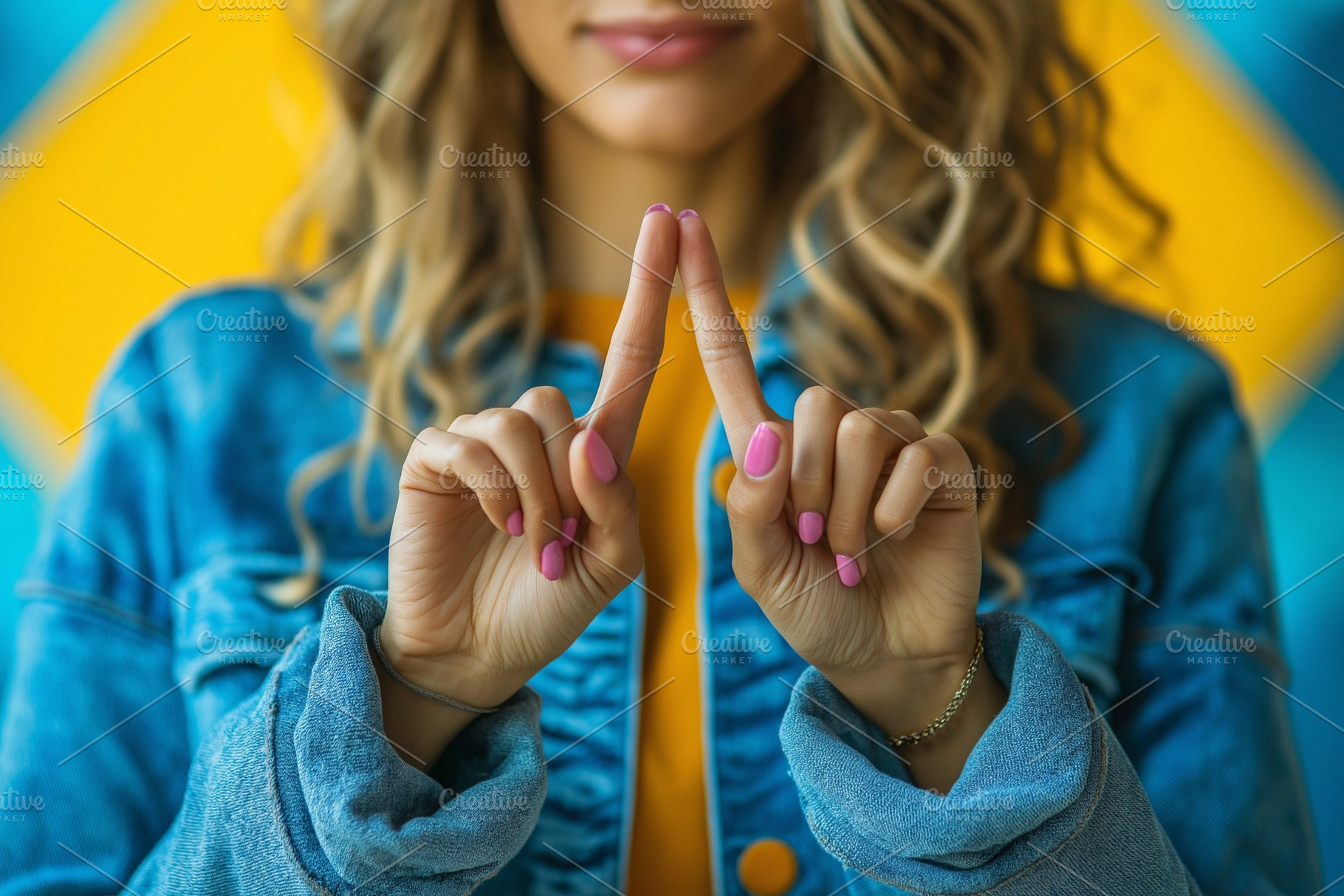 A young Caucasian woman playfully forms a triangle with her fingers ...