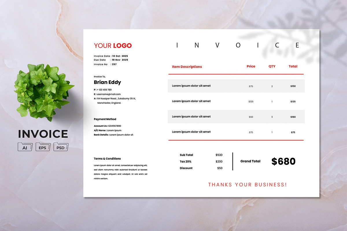 Landscape Business Invoice, a Stationery Template by Jiwstudio